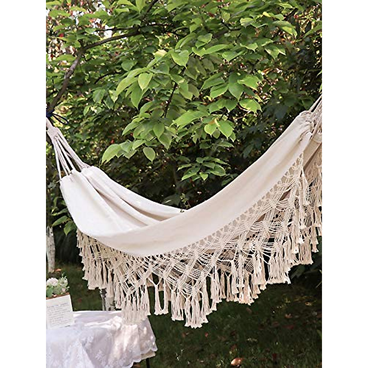 Hiplus Handmade Boho Large Brazilian Macrame Fringe 2 Person Double Deluxe Hammock Swing Net Chair for Beach, Yard, Bedroom, Patio, Porch, Indoor, Outdoor, Wedding Decor 79" Lx 59" W