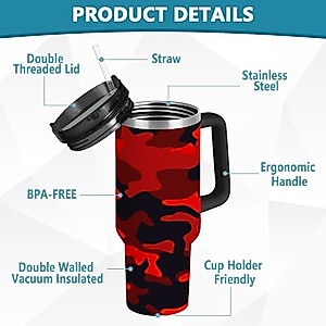 Yasala Car Tumbler with Handle Military Camo Red Black Travel Mug Coffee Cup Insulated Beverage Container Mega Cup for Hot Cold Drinking Thermos Water Bottle Cupholder Friendly 40 oz