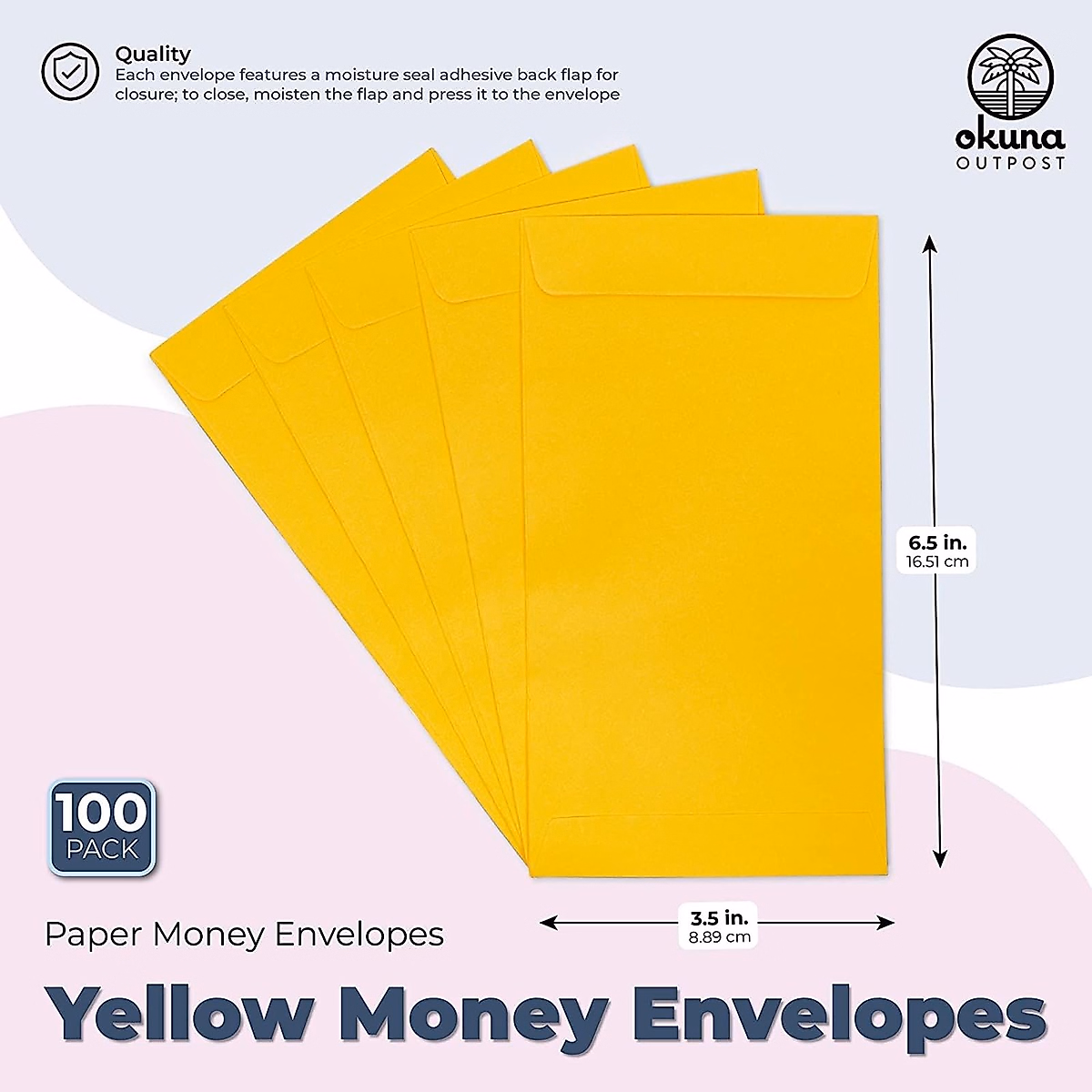 Okuna Outpost Money Envelopes for Cash, Payroll, Money Saving, Coins, Currency, 100GSM, Yellow (4 x 7 Inch) - 100 Pack