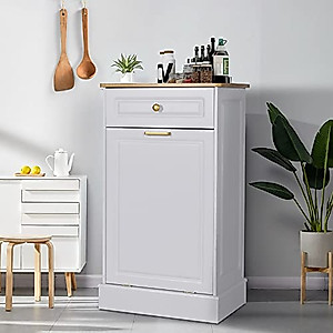 UEV Wooden Tilt Out Trash Cabinet Free Standing Kitchen Trash Can Holder or Recycling Cabinet with Hideaway Drawer(White)
