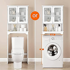 Yaheetech Over The Toilet Storage Cabinet with Double Tempered Glass Doors and Adjustable Shelf, Freestanding Bathroom Storage Rack, 66 Inches Height