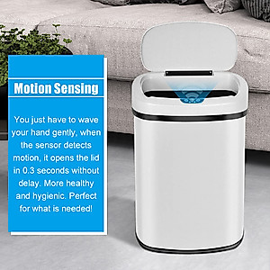 HGS Touchless Trash Can 13 Gallon Automatic Garbage Waste Bin Stainless Steel Trash Can Touch Free Kitchen Garbage Cans with Lid, Sensor Trash Bins for Home Office Living Room Bedroom, White, White