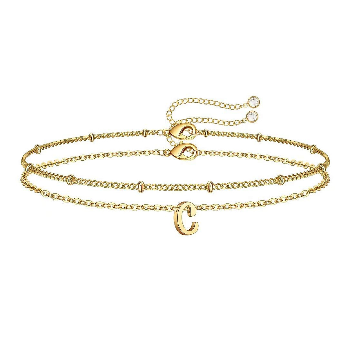 Initial Bracelets for Women Girls, 14K Gold Plated Layered Letter C Initial Bracelets for Women Alphabet Bracelet with Initials C, Valentines Mothers Day Bridesmaid Gifts for Women Girls Kids Jewelry
