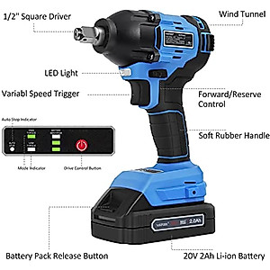 WISETOOL Cordless Impact Wrench,1/2 inch Electric Impact Wrench,Brushless Power Impact Wrench Set for Car Tires,Max Torque 260 ft-lbs,2.0A Li-ion Battery