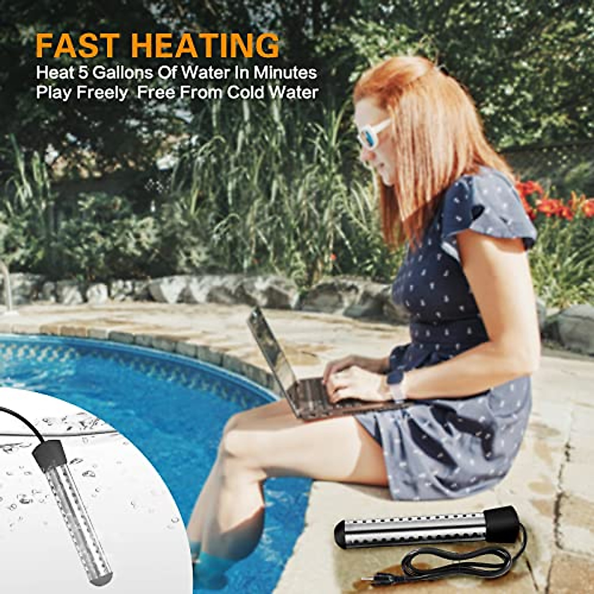 BIRD WISH Water Trough Heater, 1500W Thermostat Control Double Safety Protection Immersion Hot Water Heater Element with Auto Shut Off for Pool, Bucket, Bathtub,Stock Water Tank