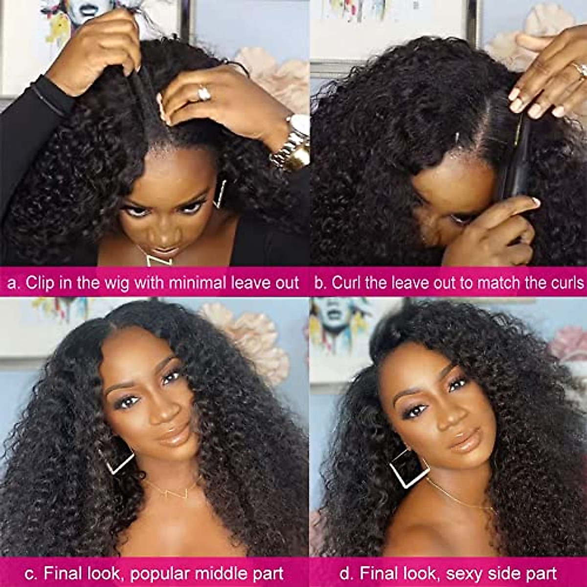 Kiqibeauty V Part Wig Human Hair For Black Women Upgrade U Part Wig Human Hair Kinky Curly Wig 100% Virgin Hair Glueless Wear and Go Wig Minimal Leave Out 200% Density (Kinky Curly, 16 Inch)