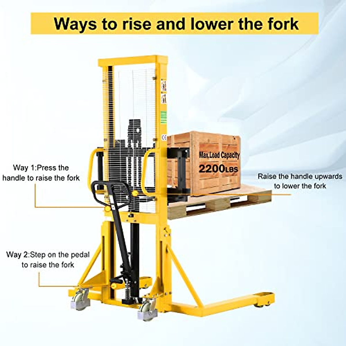 Xilin Manual Pallet Stacker 2200lbs Capacity 63" Lift Height with Straddle Legs Adjustable Forks