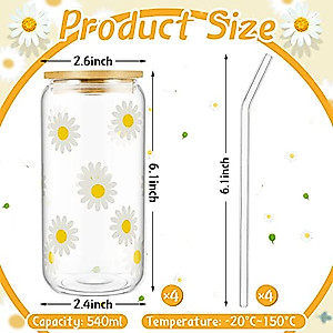 Hoolerry Daisy Flower Glass Cups with Lids and Straws 18 oz Iced Coffee Cup Drinking Glasses with Bamboo Lids Cute Flower Glass Coffee Tumbler Glasses for Home Office Kitchen (4 Pcs)
