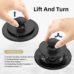 Sogmeter Matte Black Bathtub Drain, Hair Catcher and 2-Hole Overflow Faceplate, 11.5/16 UNC, Lift and Turn Bathtub Drain Replacement, Tub Drain Stopper