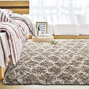 Andecor 5x8 Area Rugs for Bedroom Living Room, Shaggy Geometric Indoors Carpet for Dorm Girls Boys Kids Room Nursery Home Decor Aesthetic Rug, Camel and White