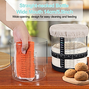 Large Sourdough Starter Jar 66 oz,Sourdough Starter Kit Wide Mouth with Ounce&ML Scale Line,Date Marked Feeding Band, Thermometer, Sourdough Jar Scraper, Cloth Cover & Bamboo Wood Lid (BLACK-66OZ/2L)