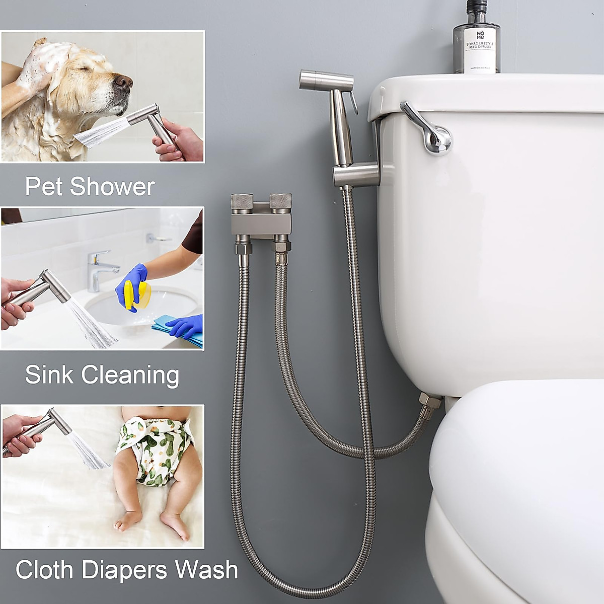 Handheld Bidet Sprayer for Toilet, Rzoeox 1-In-2-Out Dual Switch Valve with Water Pressure Control Sprayer for Feminine Wash Pet Shower Muslim Shower Cloth Diaper Sprayer Set Toilet Sprayer