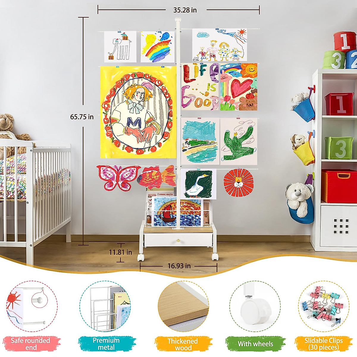 Bikoney Art Display for Kids Artwork-(30 Clips -Total 12ft Wire)-Kids Art Display-Art Drying Rack-Floor Picture Hanging System Kit for Drawing/Photo/Card/Picture Collage Display