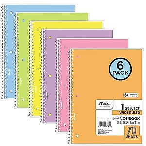 Mead Spiral Notebooks, 6 Pack, 1-Subject, Wide Ruled Paper, 8" x 10-1/2", 70 Sheets, Color Will Vary (930050-ECM)