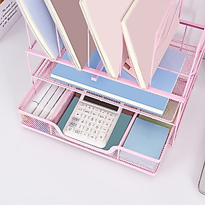 Becomrock Desk Organizers and Accessories, Office Supplies Desktop Organizer, Desk File Organizer with Sliding Drawer, Dual Tray and 5 Upright Section, File Folder Holder for Desk (Black)