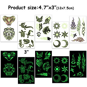 HOWAF Glow in Dark Temporary Tattoos for Adult Men Women Kids(14 Sheets), Waterproof Temporary Tattoo Moon Sun Wolf Lion Totem Fake Tattoos Body Art Sticker Arm Hand Neck Wrist