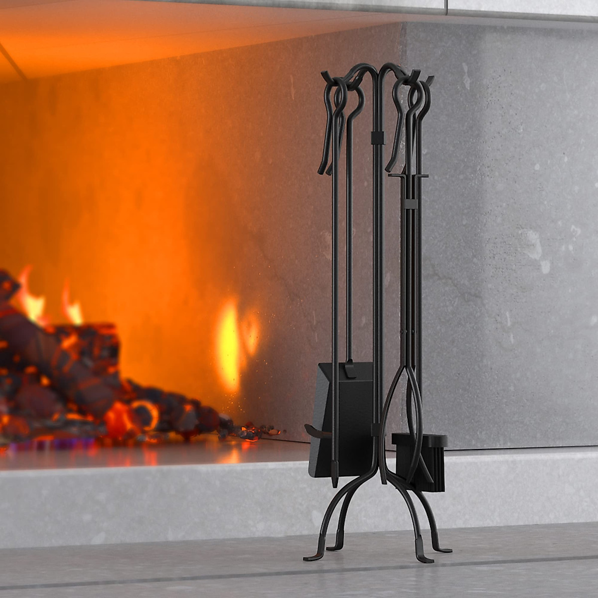 Fire Beauty 5-Piece Fireplace Tools Set, Heavy Duty Wrought Iron Fire Place Toolset, Black