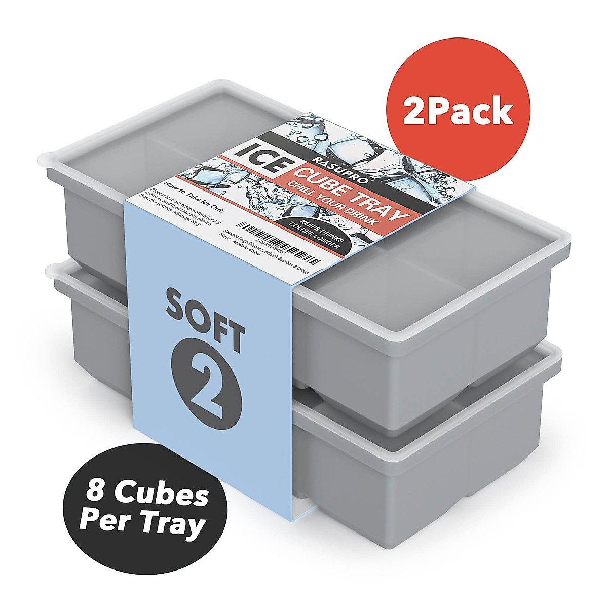 Rasupro Large Silicone Ice Cube Tray Molds with Lid, 2-Pack Easy-Release Ice Cube Trays for Freezer, Stackable Whiskey Ice Cube Mold Maker, Square Large Ice Cubes for Cocktails Bourbon & Drinks