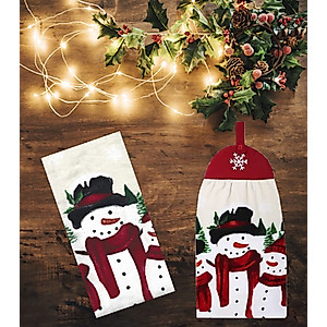 St. Nicholas Square Christmas Kitchen Print Towels, Set of 2, One Hanging Tie-Top with Button Loop Cotton Terry Towel Snowman Family for and Household Red, Black, Beige, Green, Orange 16 x 25 inches
