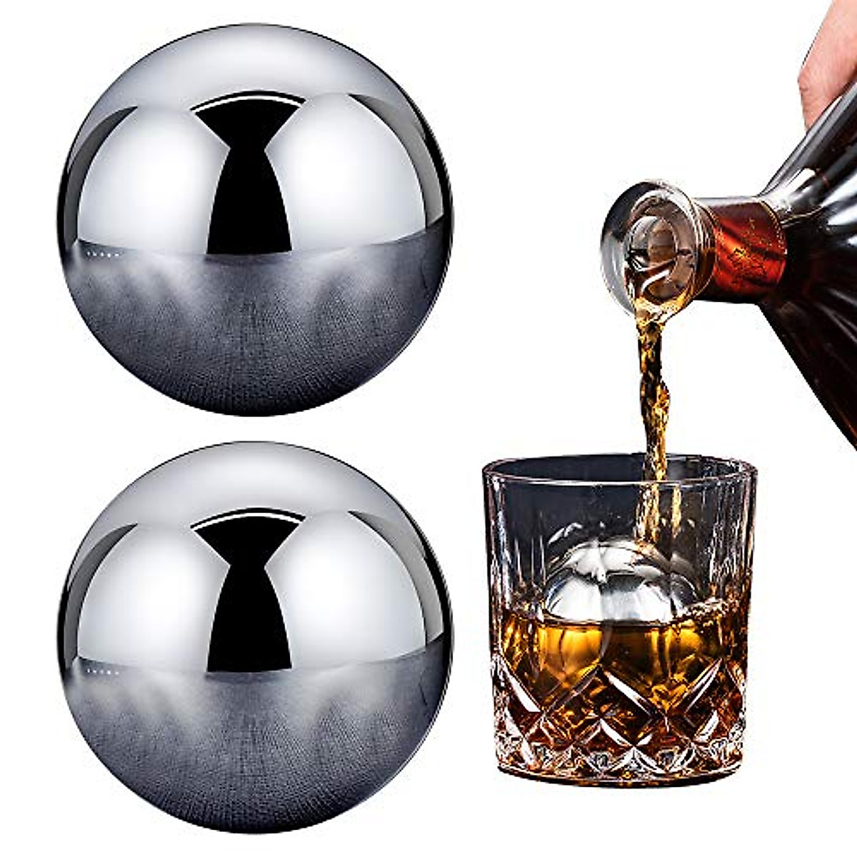 2 Pcs Large Round Whiskey Stones Reusable Spherical Stainless Steel Ice Cubes Golf Ball Whiskey Balls Stones Metal Ice Cubes Balls Scotch Gift Set for Red Wine Whiskey Bar Beer(55mm Round Shape)