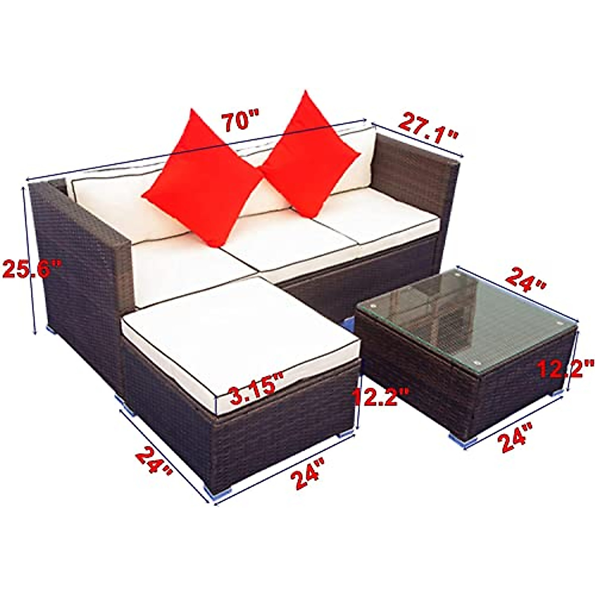 GAOPAN 3 Piece Outdoor Patio Conversation Sectional Couches Furniture Set, Rattan Wicker Garden Corner Sofas with Tempered Glass Top Coffee Table and Removable Soft Cushion, Beige+Brown