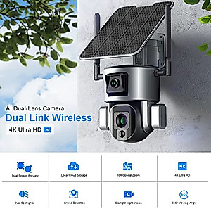 4K Solar Security Cameras Wireless Outdoor with Wireless 2.4G Wi-Fi 360° View, Solar Security Camera with AI Motion Detection, Infrared Night Vision,10x Optical Zoom, PTZ Control, 2-Way Talk, IP66