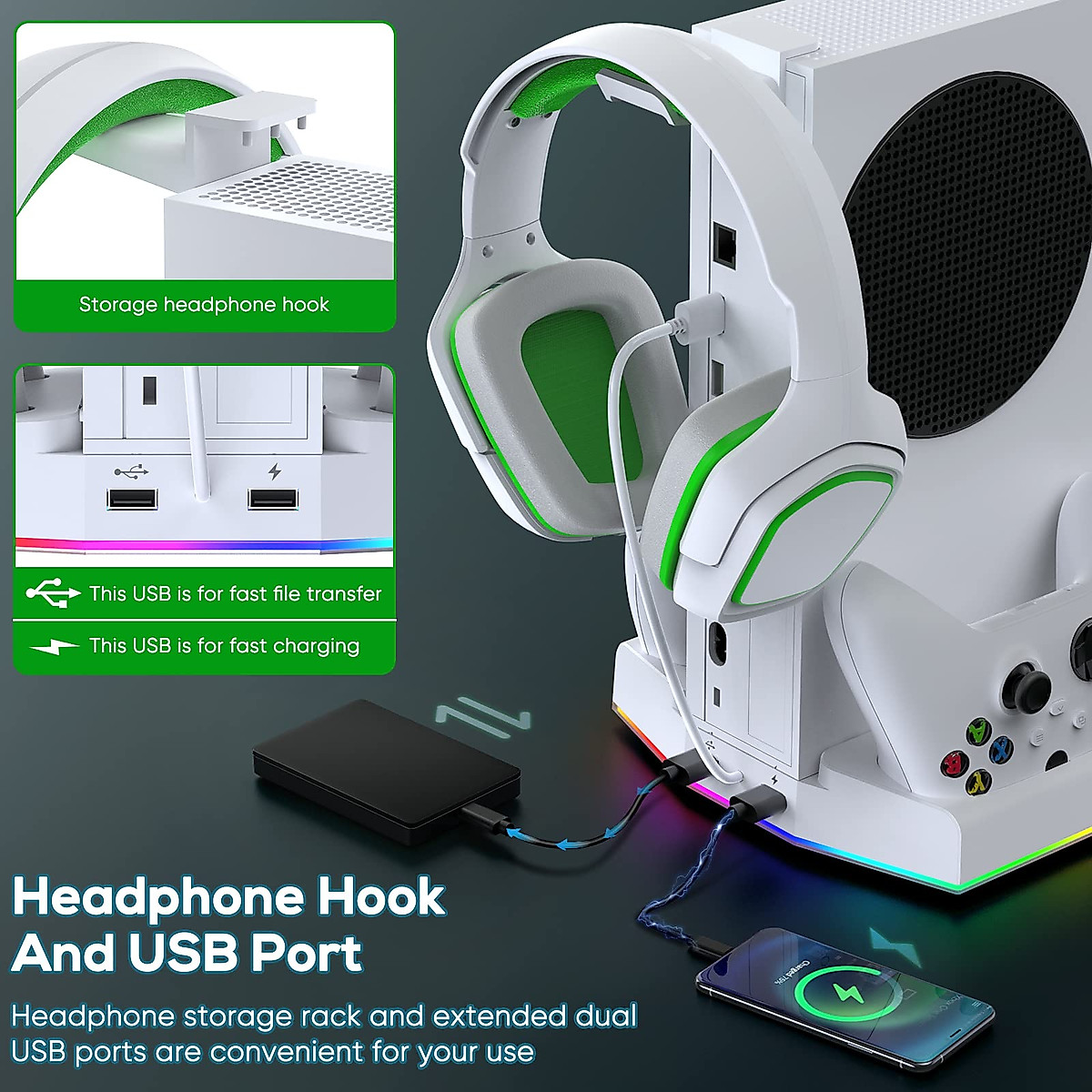 Upgraded Cooling Fan Stand for Xbox Series S with Charger Station, MENEEA Controller Charging Dock & Console Cooler System with 15 Colorful RGB Light & Headset Hook, Accessories for XSS