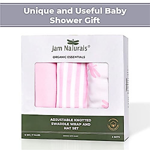 Jam Naturals- Organic Knotted Tie Bottom Adjustable Velcro Swaddle and Hat Set of 3, Newborn Sleep Sack (0-3m, 7-14lbs Pink)