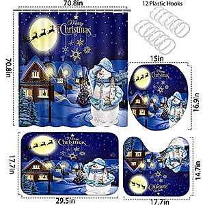 4 Piece Christmas Shower Curtain Set with Non-Slip Rug, Toilet Lid Cover, Bath Mat and 12 Hooks, Waterproof Shower Curtain Set for Bathroom
