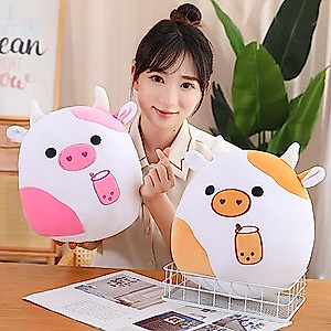 jschoclatt Cow Plush Pillow, 14" Cow Stuffed Animal Toy Kawaii Cow Plushie Hugging Pillow Gifts for Kids Birthday Girls Boys Valentines Day (Pink Boba Cow)