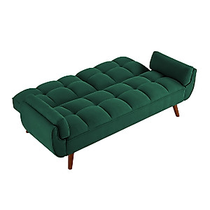 Verfur Futon Sofa Bed Modern Linen Fabric Padded Couch Convertible Folding Recliner Loveseat with 2 Arm Pillows and Strudy Wood Legs for Living Room Furniture Sets, Green