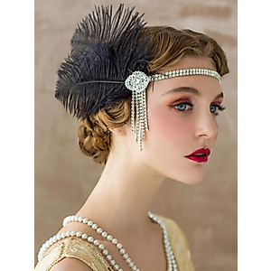 SWEETV Flapper Headbands Womens 1920s Headpiece Great Gatsby Inspired Feather Headband Cocktail Party Rhinestone Hair Accessories for Women, Black
