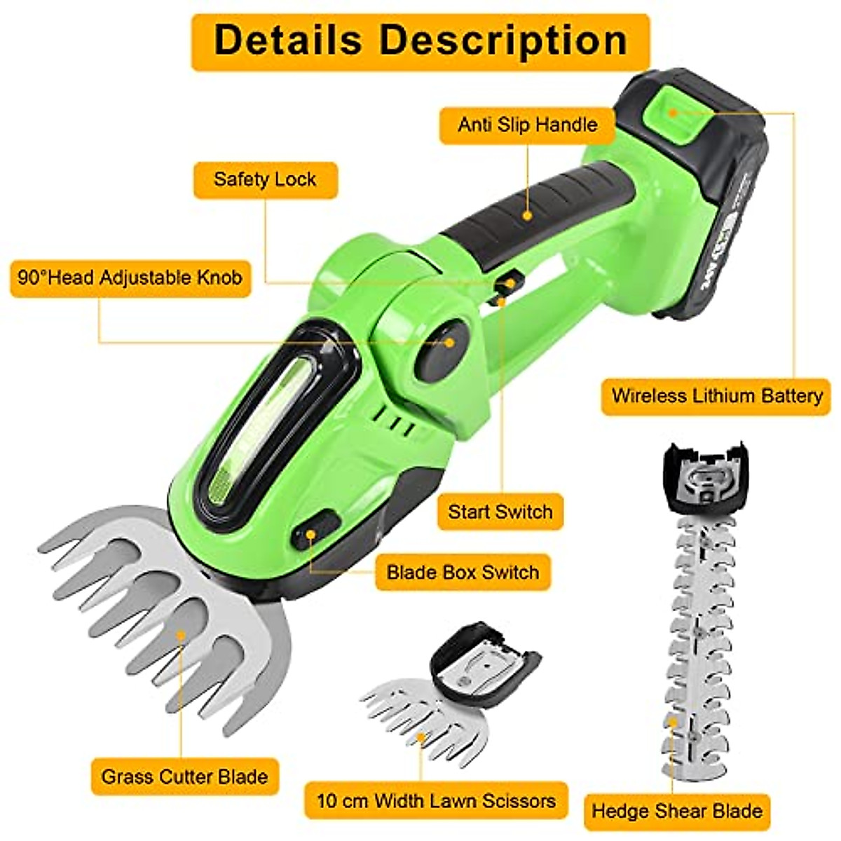Evcitn Cordless Hedge Trimmer Electric Hand Held Grass Shear Shrubbery Clipper 24V Electric Grass Cutter with Rechargeable Battery and Charger Included for Garden and Lawn - Green