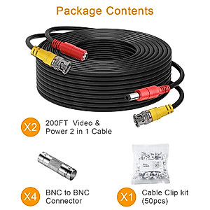 WILDHD BNC Cable,2x200ft All-in-One Siamese Video and Power Security Camera Cable Wire, BNC Extension Cable with 2 Female Connectors for All Max 5MP HD CCTV DVR Surveillance System (200ft 2PCS,Black)