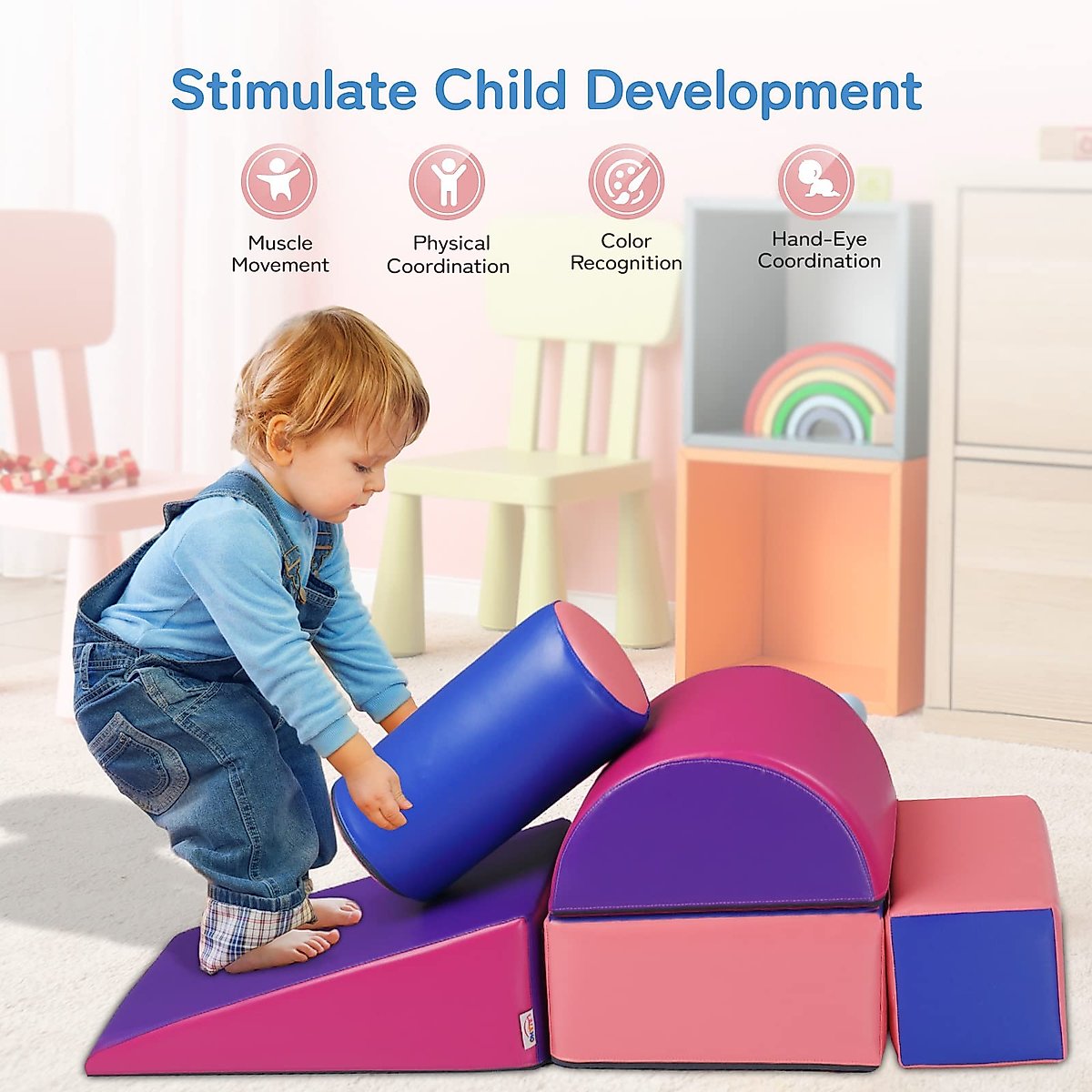 JOYMOR Soft Foam Climbing Blocks 5-Pieces Set, Crawl and Climb Foam Blocks, Beginner Toddler Climber with Slide & Ramp, Indoor Active Play Structures for Babies and Toddlers Age 1-3