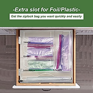 Acrylic Ziplock Bag Storage Organizer, EFOBO Foil Plastic Wrap Ziplock Bag Organizer, Food Storage Baggie Organizer with Foil Dispenser, Drawer Baggie Holder for Gallon, Quart, Snack & Sandwich Bags