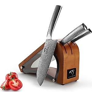 4 Pieces Damascus Kitchen Knife Set with Block, 8” Chef Knife, 7” Santoku Knife, 3.5” Paring Knife, 3 Slots Natural Wood Block, 67 Layer Handmade Damascus VG10 Steel Core, Hammered Ergonomic Handle