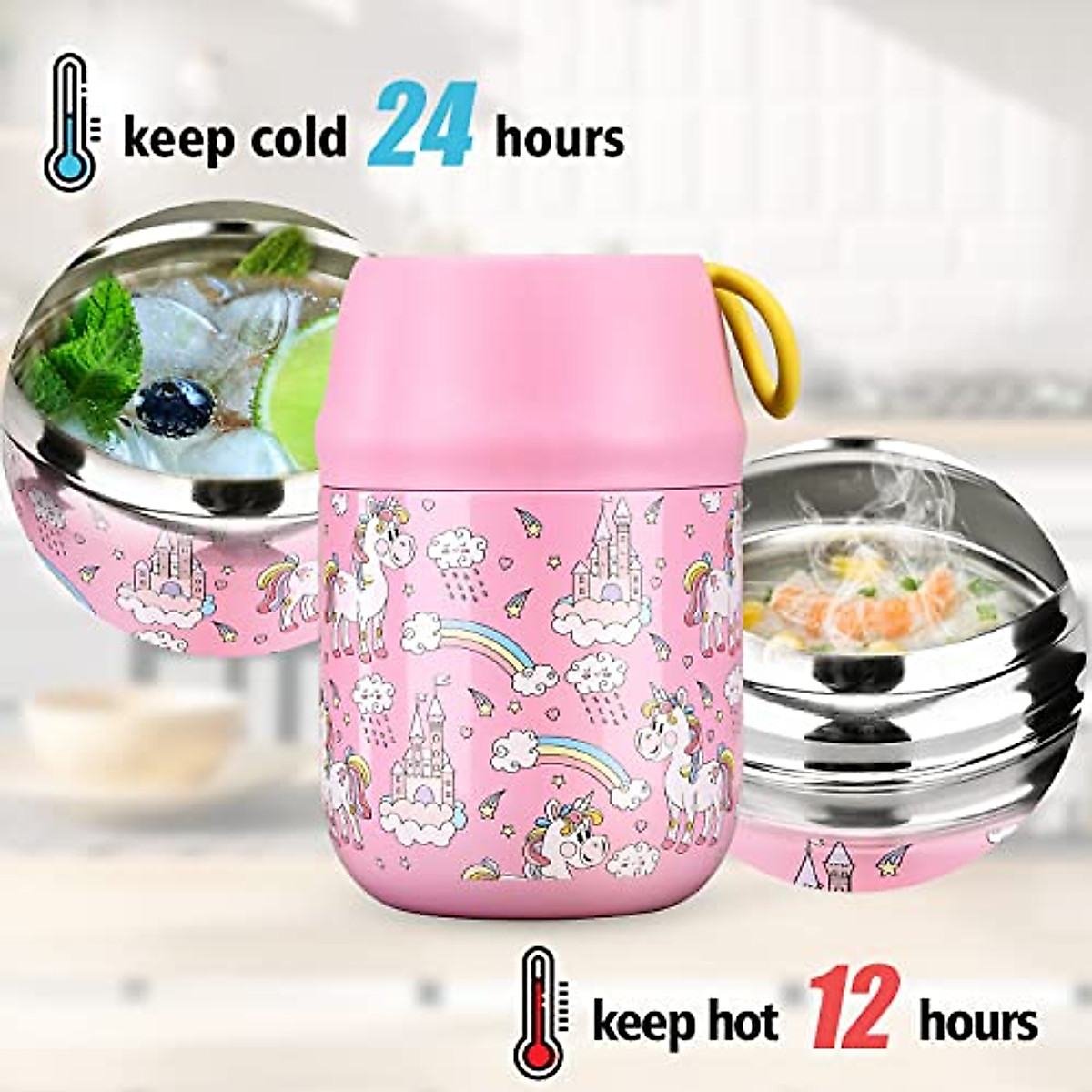 JOOPETALK Thermo for Hot Food Kids 17oz Soup Thermo Insulated Food Jar Lunch Container Keeps Hot/Cold Vacuum Stainless Steel Thermo Lunch Box With Handle Folding Spoon for School, Office, Travel