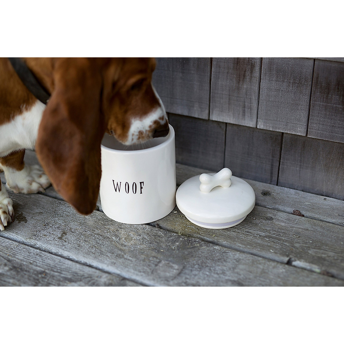 Creative Co-Op Farmhouse Ceramic Jar with "Woof" Message and Lid with Bone, White and Black