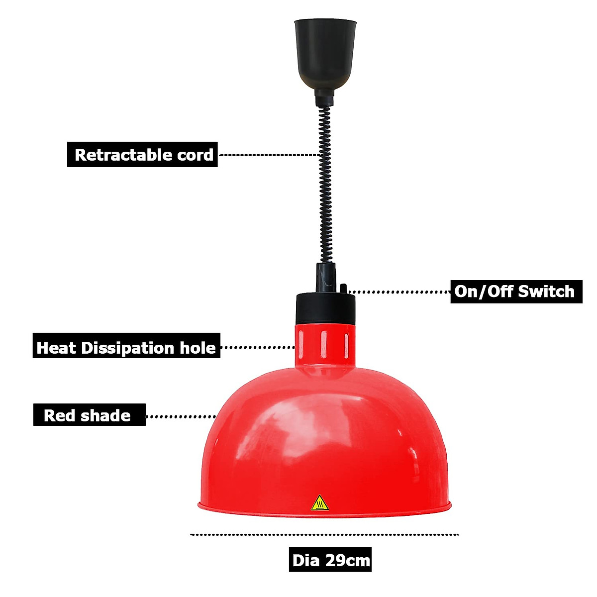 KOUDA Commercial Heat Lamps Hanging Heating Lamp Buffet Hot Food Lamp with Light BulbDia29cmRed