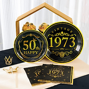50th Paper Plates and Napkins - Gold Foil Stamp 72PCS Disposable Plates Paper Napkins, Vintage 1973 Retirement Wedding Anniversary Birthday Party Balck Gold Tableware Serves 24 Guest, 9” & 7” Plates