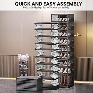 SYNCVIBE Foldable Shoe Organizer with doors 9 Tier 18 Pairs Folding Shoe Rack, Transparent Shoe Storage Shelf for Closet, Stackable Sneaker Shoes Storage Boxes, Large Shoe Storage Cabinet
