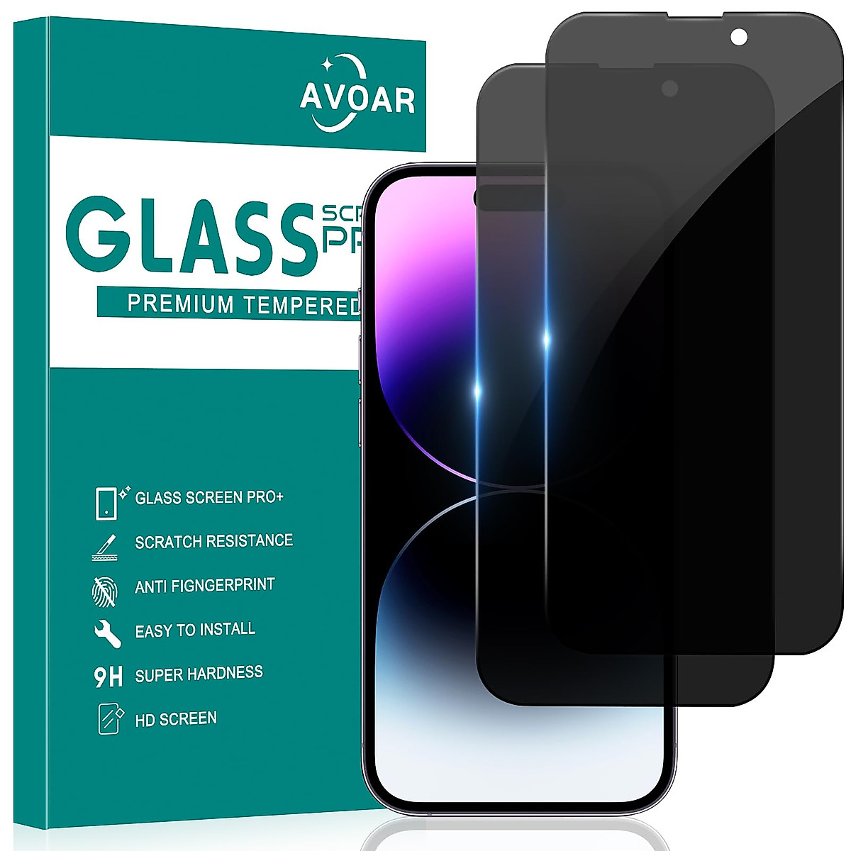 AVOAR 2 Pack Privacy Screen Protector for iPhone 14 Pro Max, Privacy Screen iPhone 14 Pro Max 6.7 Inch Tempered Full Screen Glass Film, Anti-Spy, Bubble Free, Case Friendly