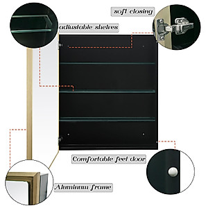 FOMAYKO Bathroom Medicine Cabinet with Aluminum Framed Mirror,24"x30" Surface Mount Bathroom Vanity Mirror，Single Door Gold Bathroom Mirror with Storage Cabinet