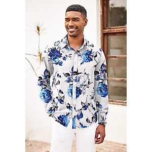 COOFANDY Men's Slim Fit Floral Dress Shirt Long Sleeve Casual Button Down Shirts (01_White&Blue, Small)