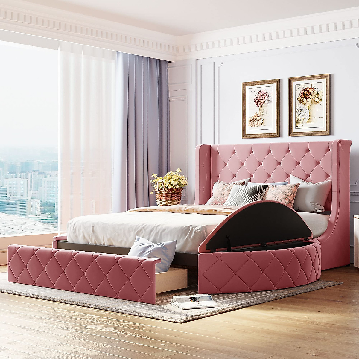 VilroCaz Queen Size Upholstered Platform Bed with Wingback Headboard, Velvet Platform Bed Mattress Foundation with 1 Big Drawer and 2 Side Storage Stool, Strong Wood Slats Support (Pink-S)