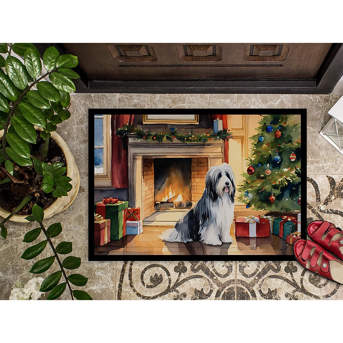 Caroline's Treasures DAC2605MAT Bearded Collie Cozy Christmas Doormat Front Door Mat Indoor Outdoor Rugs for Entryway, Non Slip Washable Low Pile, 18H X 27W