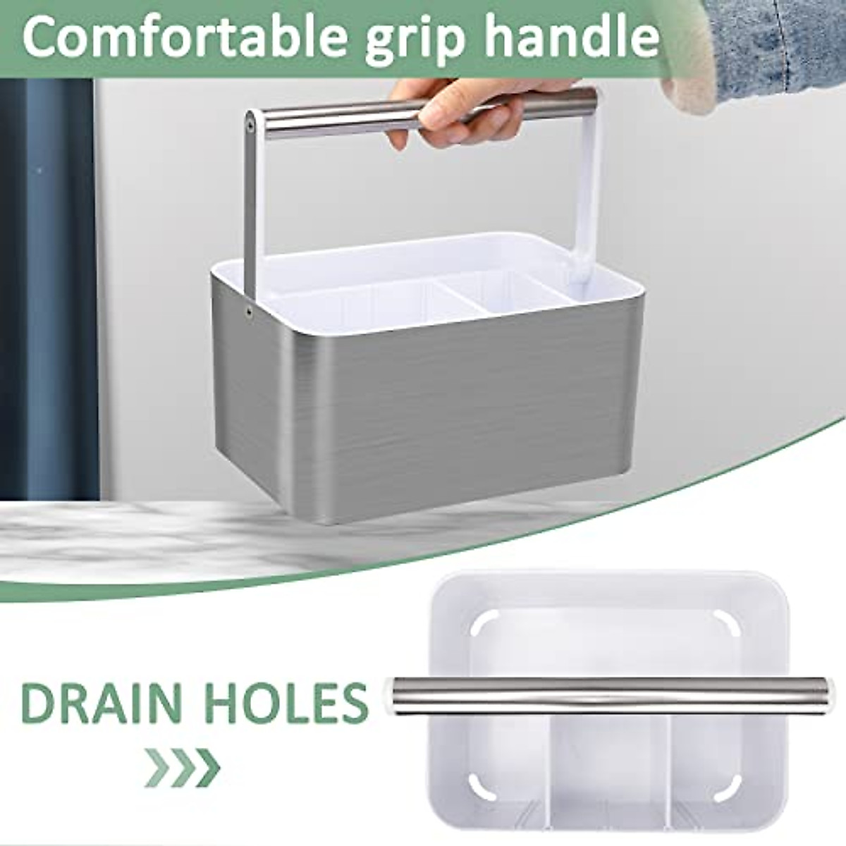 BYUNER Plastic Shower Caddy Basket - Portable Large Bath Storage Organizer Bin Tote with Handle and divider for College Dorm,Cabinet,Bathroom Counter, Brushed Nickel White