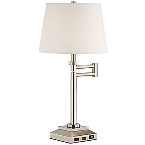 360 Lighting Camber Modern Desk Table Lamp Swing Arm with Hotel Style USB and AC Power Outlet in Base 29" Tall Brushed Nickel Linen Shade for Living Room Bedroom House Bedside Reading Home