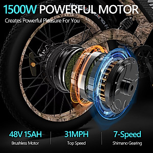1500W Electric Bike for Adults,Max Speed 31MPH Electric Mountain Bike,48V15Ah Removable Battery,26" Fat tire Electric Bicycles,with Dual Shock Absorber,Shimano 7 Speed (Snake(with rear rack))